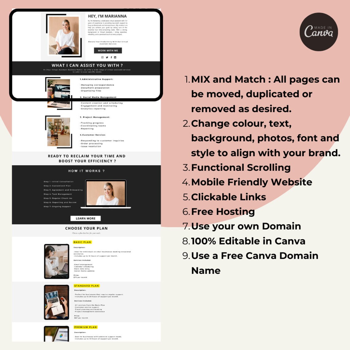 Virtual Assistant Website Template Canva, VA Templates, Social Media ...