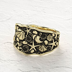 14K Solid Gold Ring, Wide Seashell Ring, Statement Gold Ring, Ocean ...