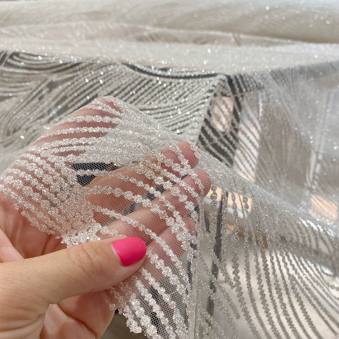 Sparkle Glitter Fabric Rodos Ivory Glued Glitter Lace Shimmer Fabric ...