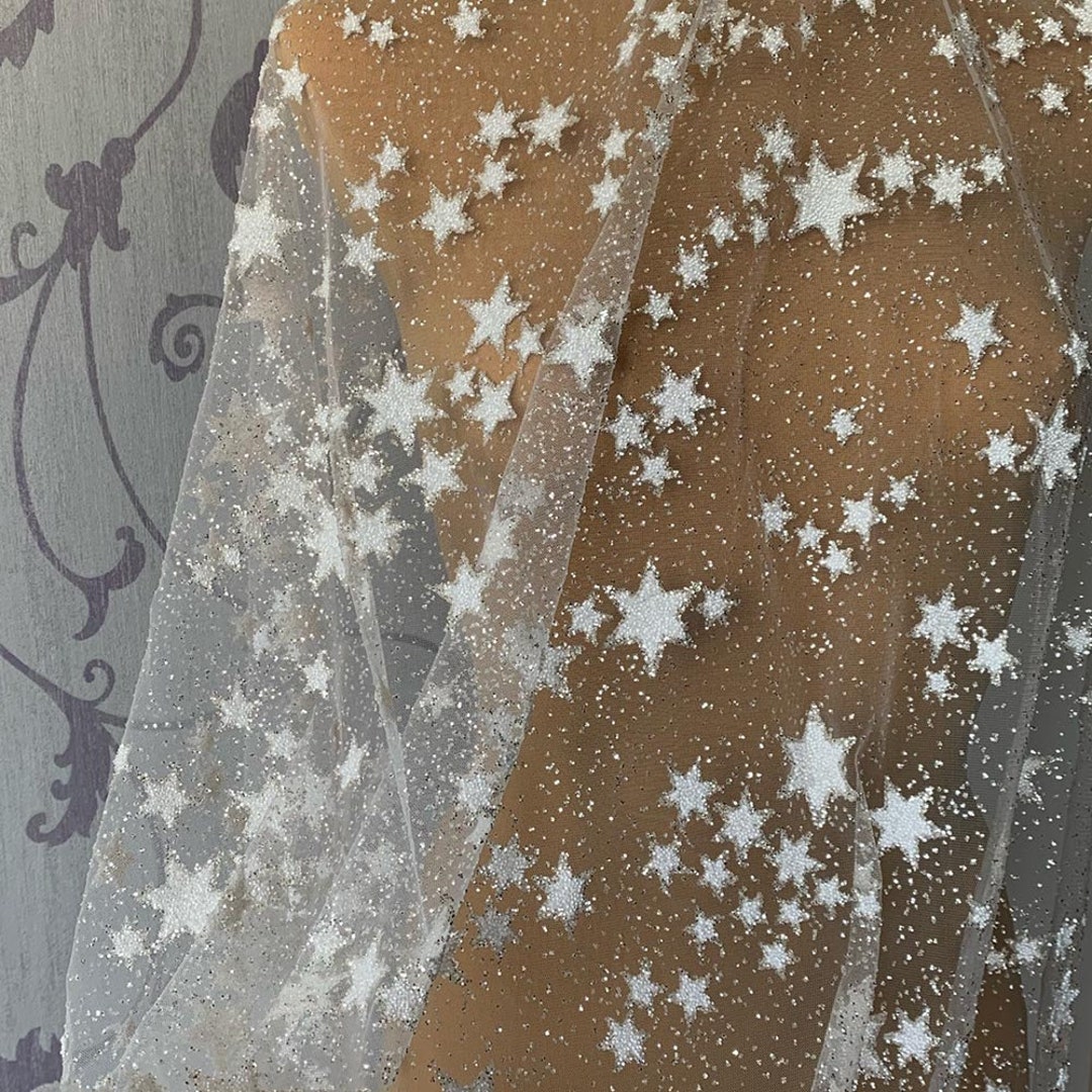 Wedding Ivory Glitter Tulle With Stars Bridal Dress Fabric With Glitter ...