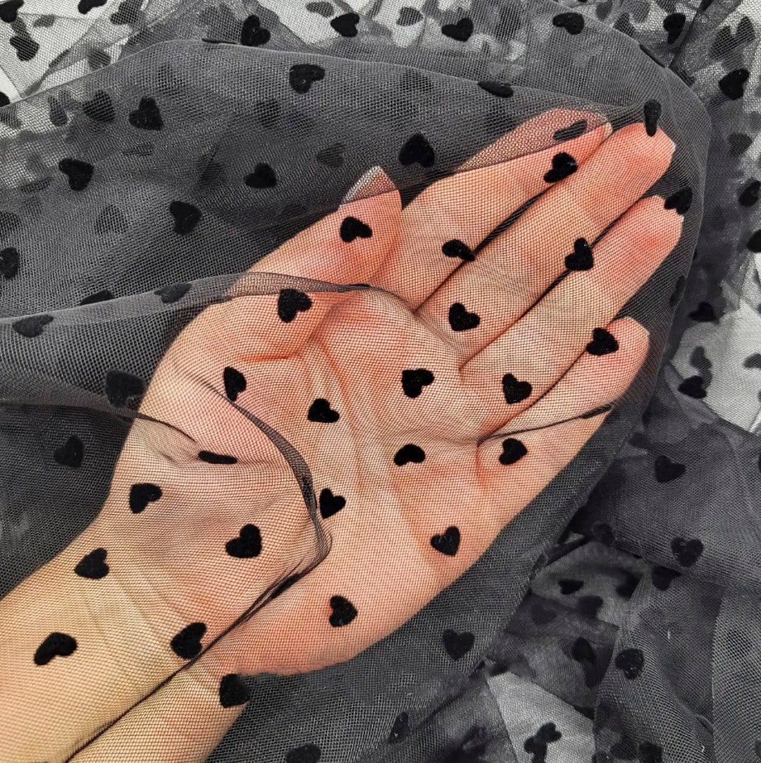 Soft Tulle Hearts Fabric Black Hearts Pattern Tulle Tulle Fabric by ...