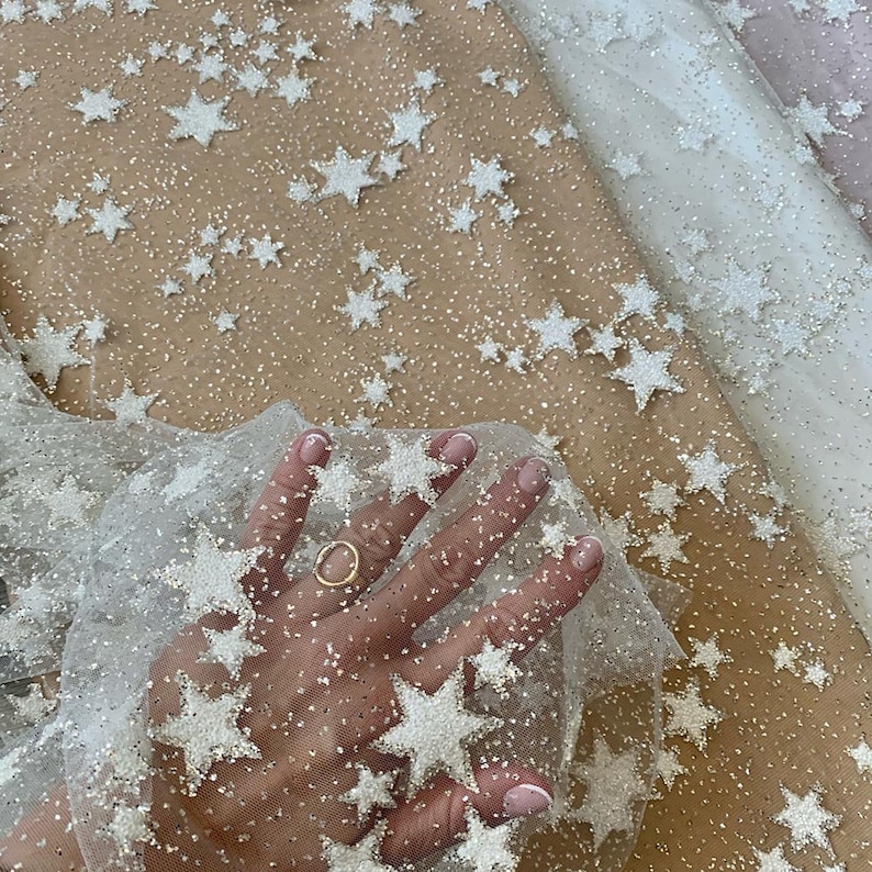 Wedding Ivory Glitter Tulle With Stars Bridal Tulle Fabric With Glitter ...