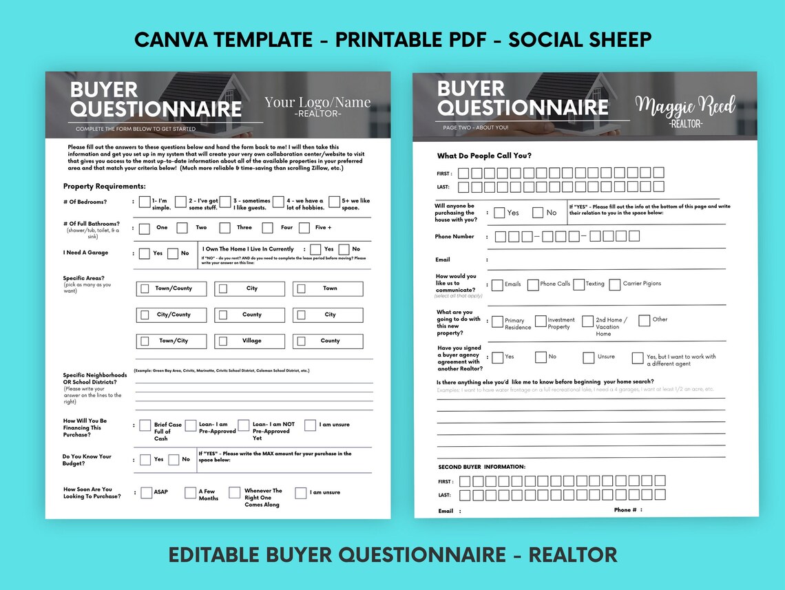 Buyer Questionnaire Real Estate Agent Edit in Canva Template Editable ...