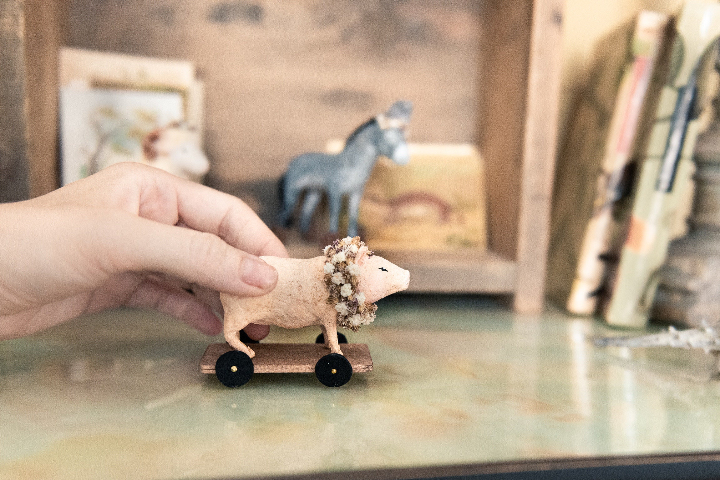 Wheeled Pig With Flower Crown, Pink Cotton Wool Pig, Vintage Toy ...