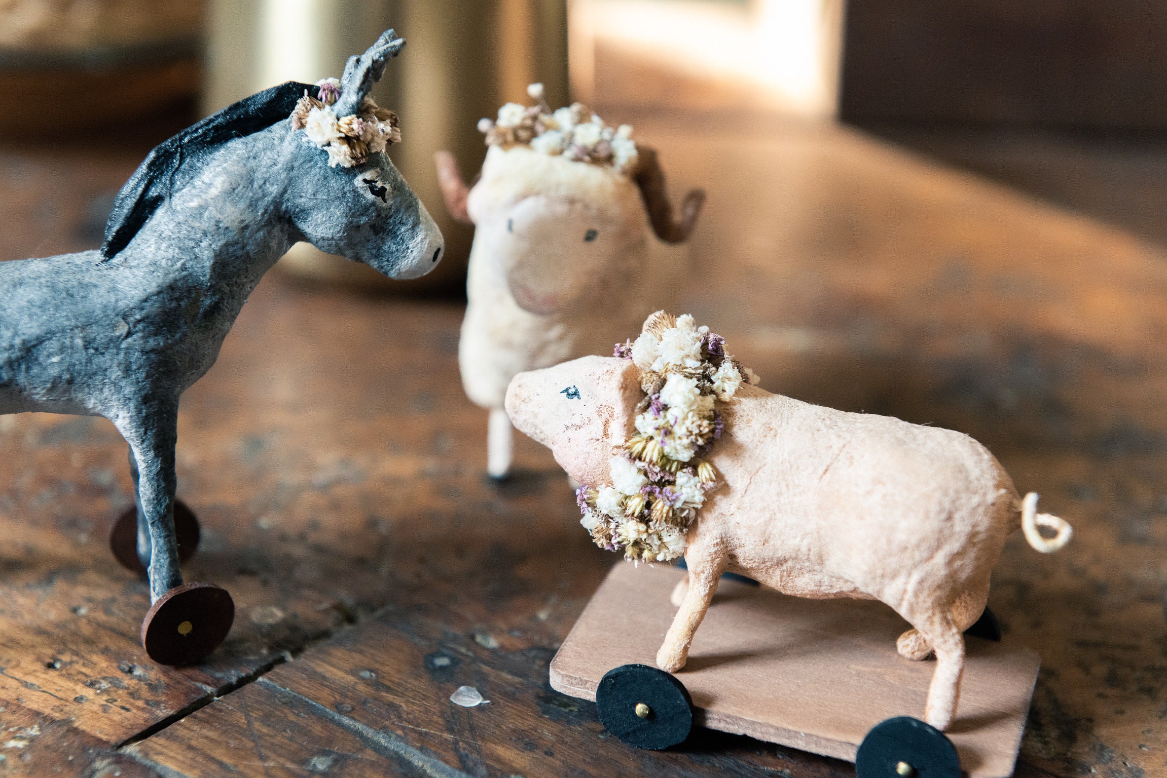 Wheeled Pig With Flower Crown, Pink Cotton Wool Pig, Vintage Toy ...
