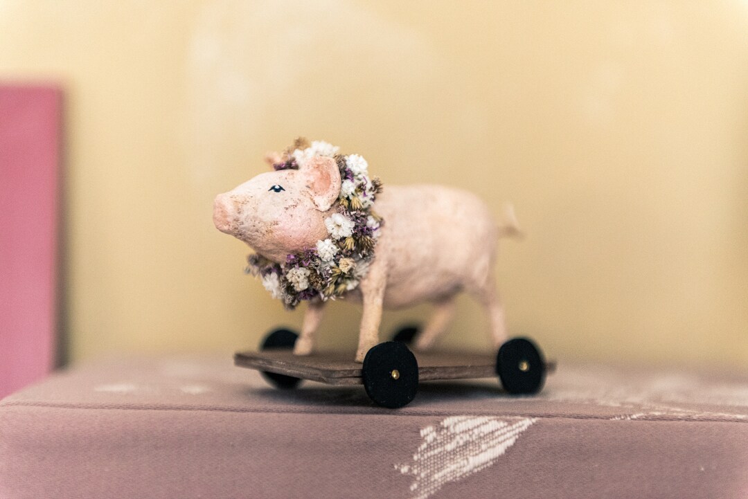 Wheeled Pig With Flower Crown, Pink Cotton Wool Pig, Vintage Toy ...