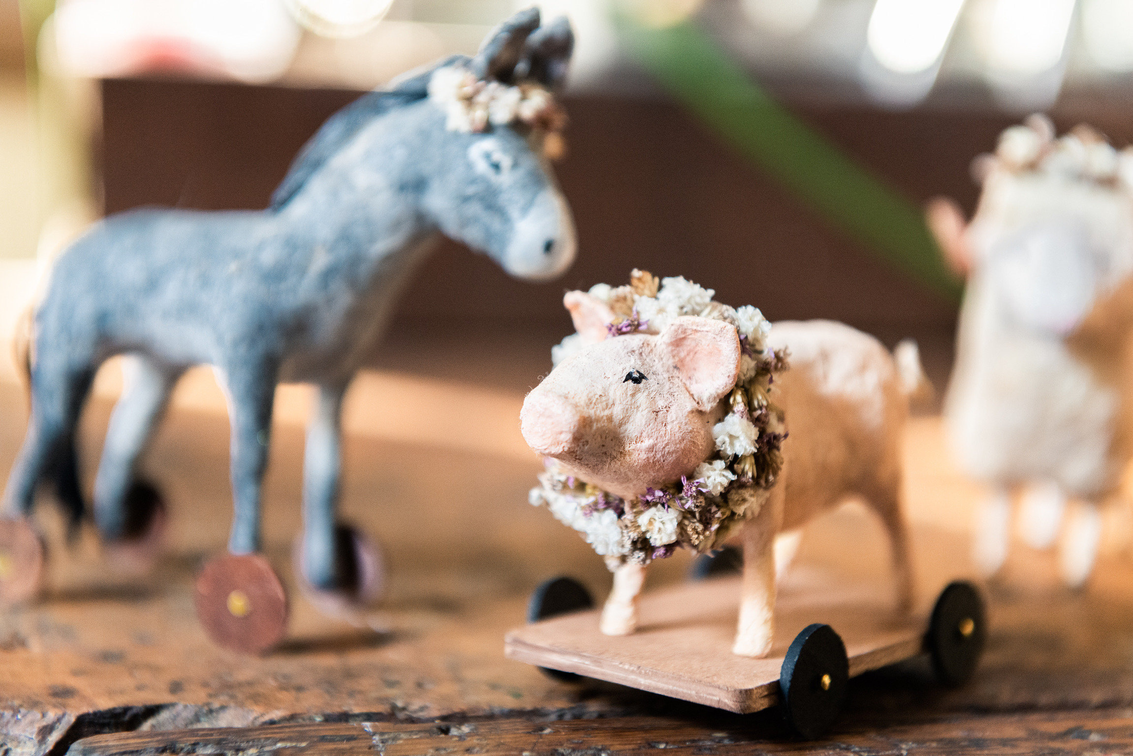 Wheeled Pig With Flower Crown, Pink Cotton Wool Pig, Vintage Toy ...