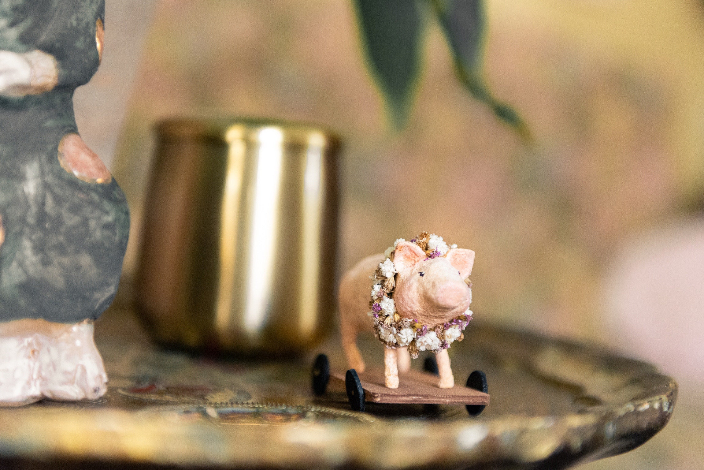 Wheeled Pig With Flower Crown, Pink Cotton Wool Pig, Vintage Toy ...