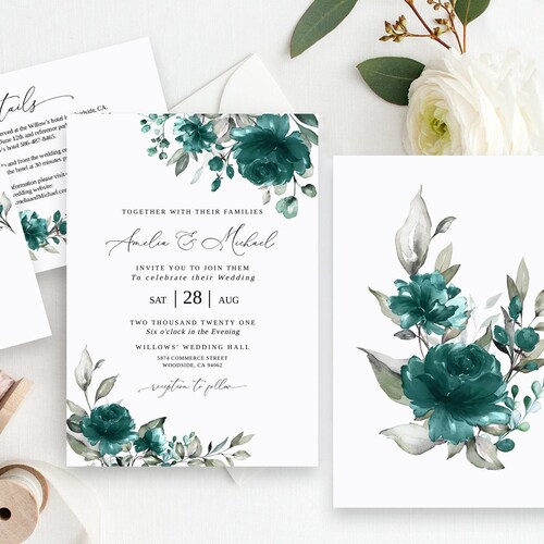 Teal Wedding Invitation Template Teal and Gray Wedding - Etsy