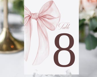 Pink Coquette Bow Table Numbers, Pastel Stripe Bridal Shower Table ...