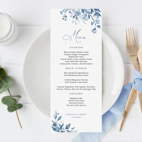 Blue Floral Wedding Menu Template Dusty Blue Printable Menu - Etsy