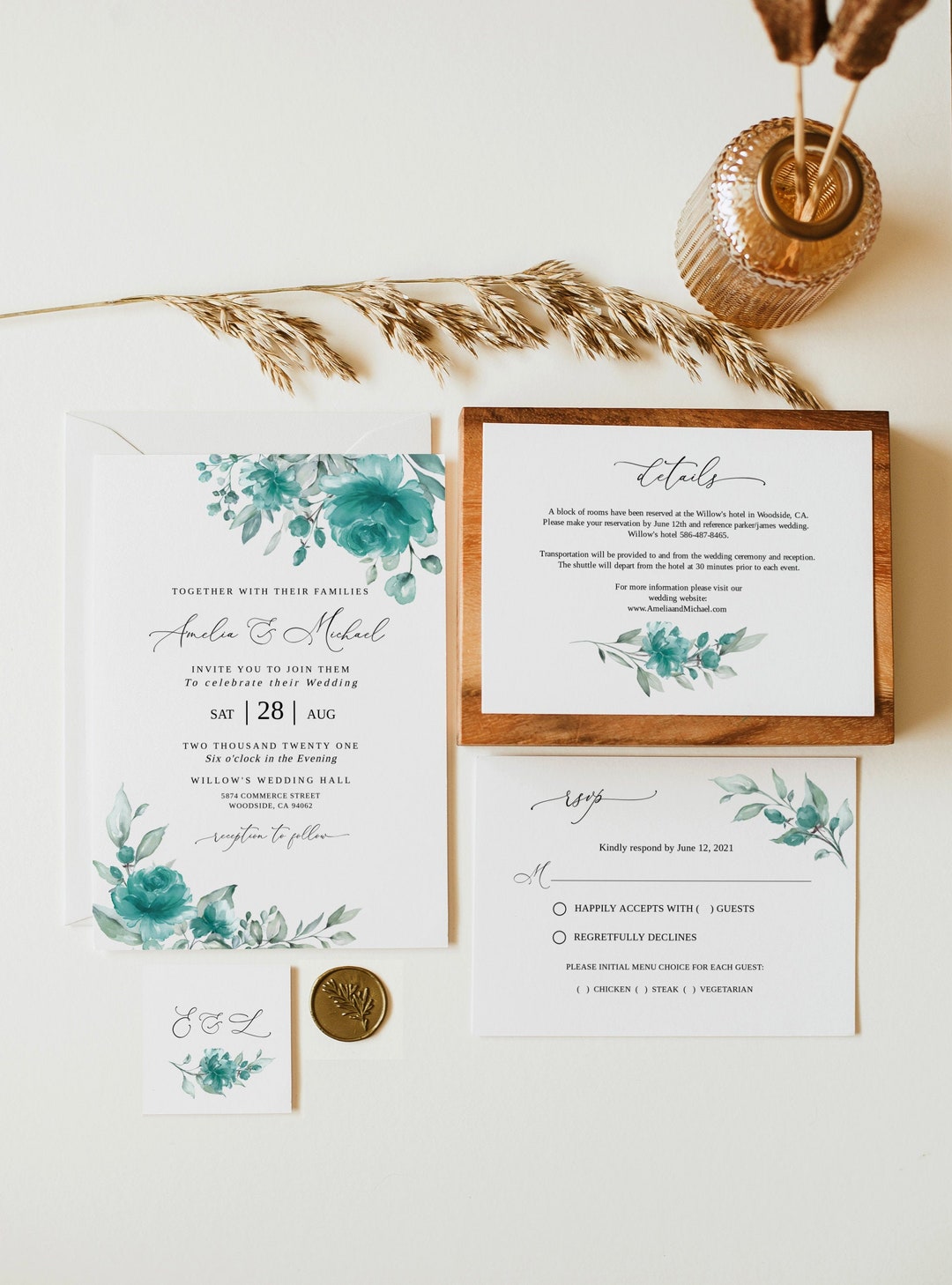 Teal Wedding Invitation Template, Turquoise Wedding Invitation ...