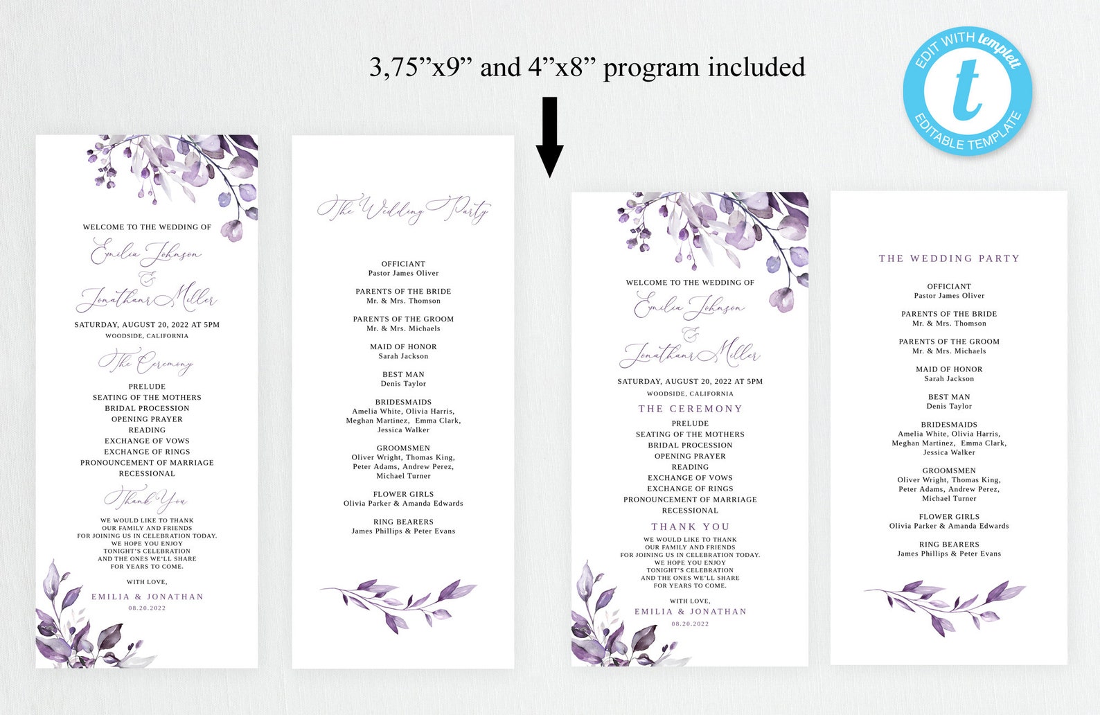 Dusty Purple Wedding Program Template, Lavender Wedding Program, Floral ...