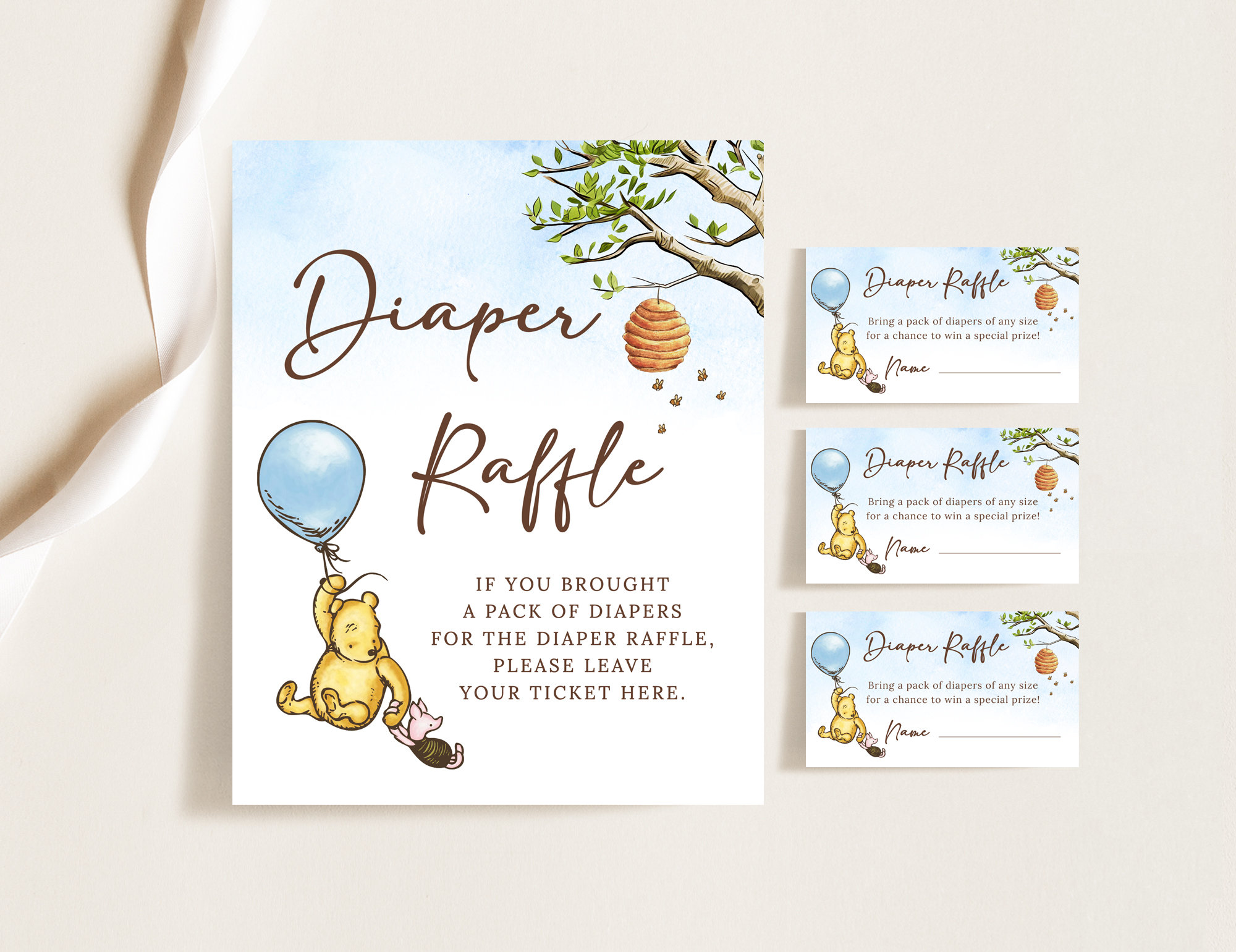 Winnie the Pooh Baby Shower Diaper Raffle Tickets and Sign Template ...