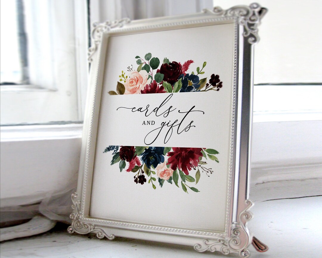 Burgundy Navy Blush Cards and Gifts Sign, Printable Wedding Cards and ...