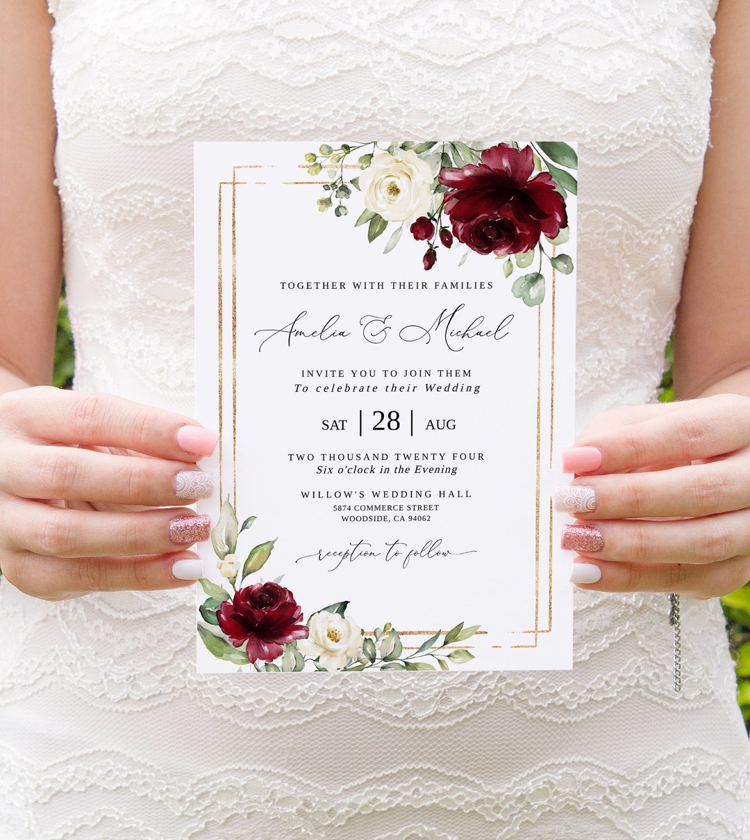 Geometric Burgundy Wedding Invitation Template, Burgundy White Wedding ...