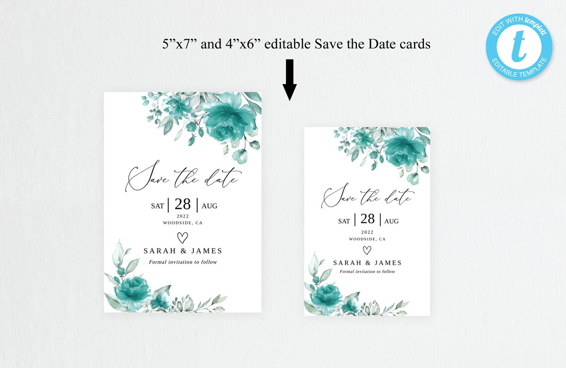 Teal Wedding Save the Date Template, Turquoise Save the Date, Teal Save ...