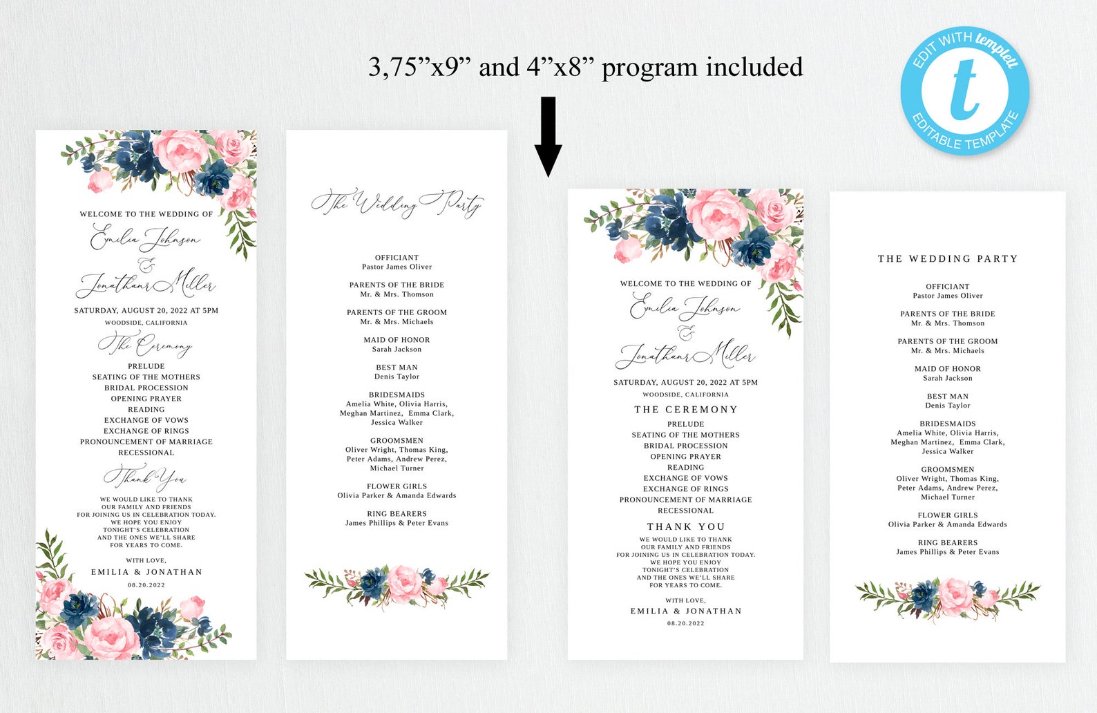 Navy Pink Wedding Program Template Floral Wedding Program - Etsy