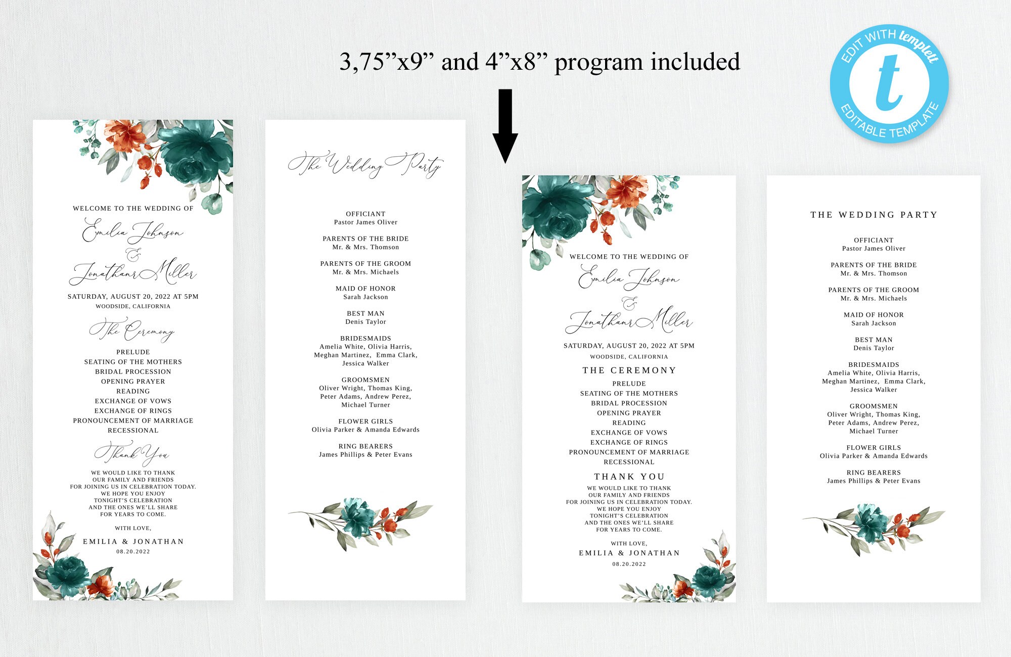 Teal and Orange Wedding Program Template, Teal Orange Program ...