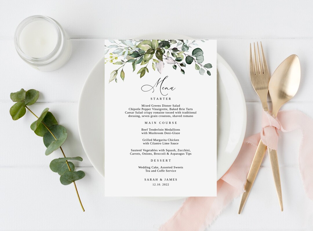 Greenery Wedding Menu Template, Garden Wedding Menu, Printable Menu ...