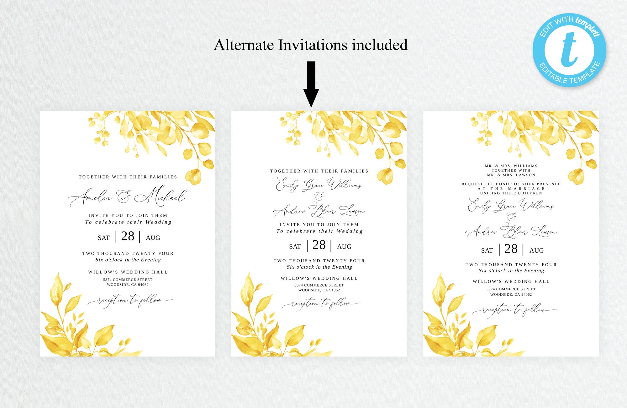 Watercolor Yellow Wedding Invitation Template Yellow - Etsy
