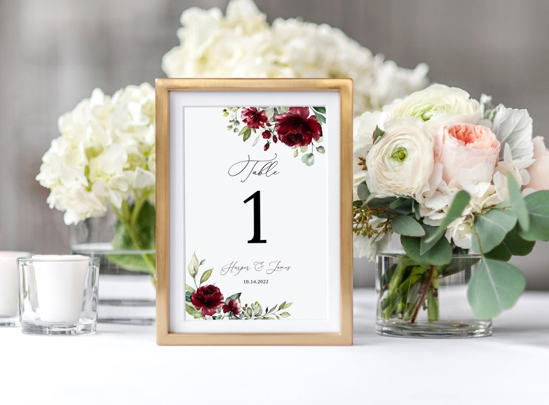 Burgundy Wedding Table Numbers, Dark Red Table Number Template, Seating ...