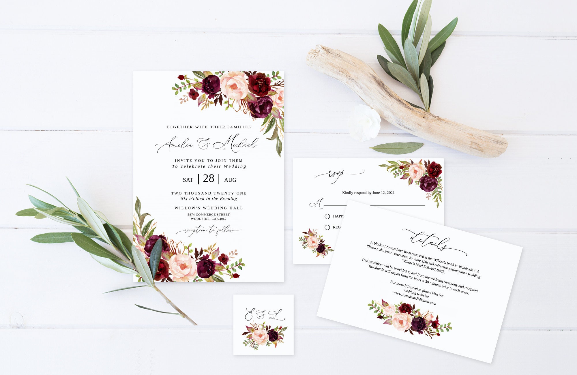 Burgundy Wedding Invitation Suite Marsala Wedding Invitation - Etsy