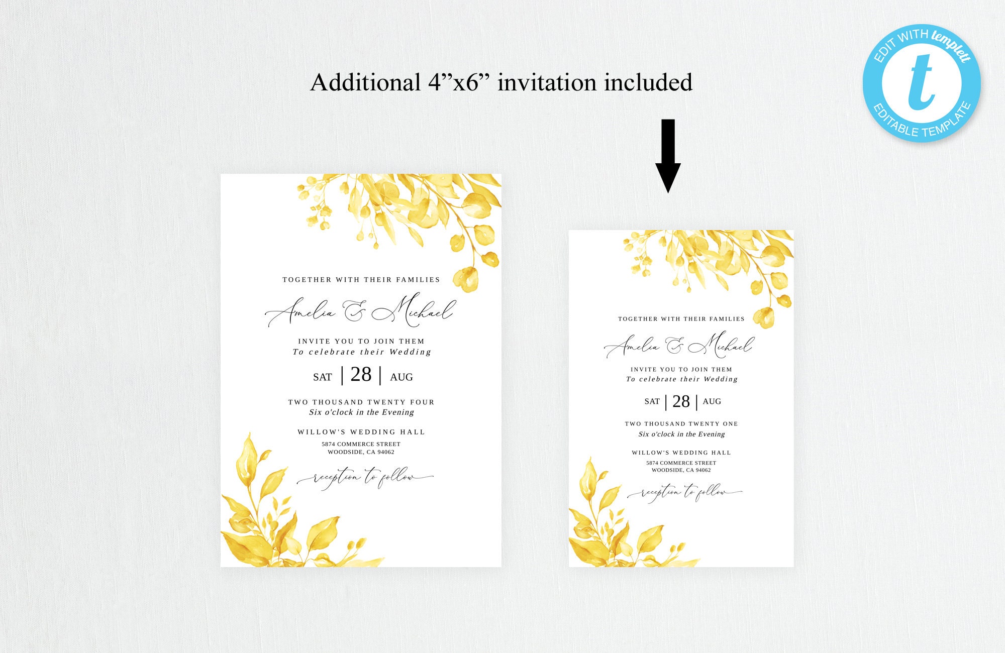 Watercolor Yellow Wedding Invitation Template Yellow - Etsy