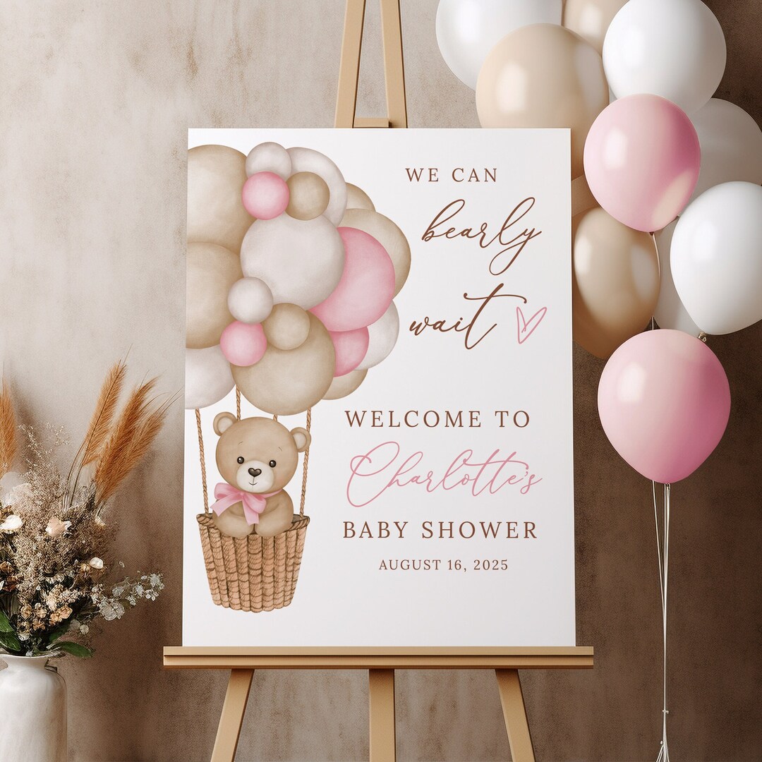 Pink Baby Shower Welcome Sign Teddy Bear Balloon We Can Bearly Wait ...