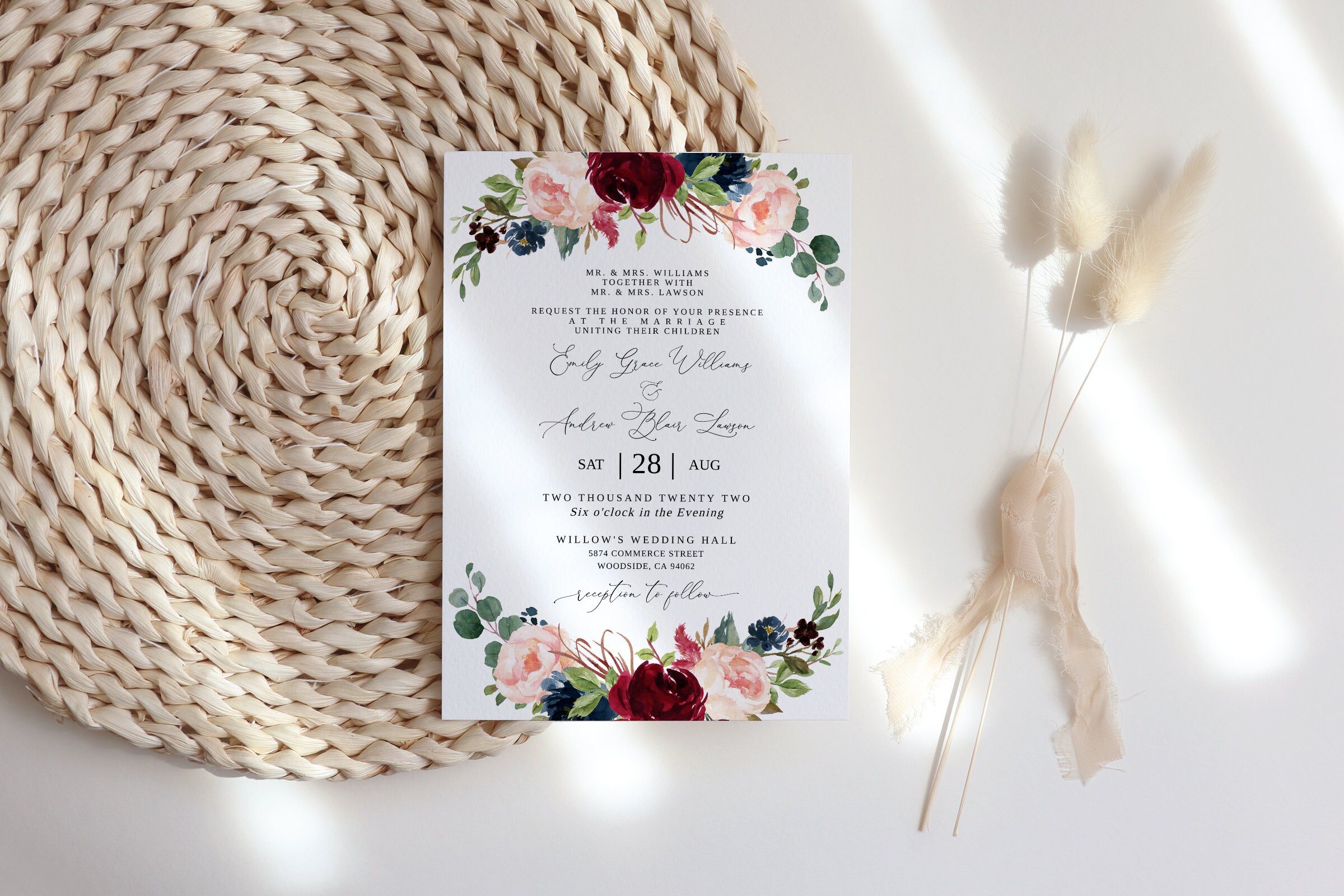 Burgundy Wedding Invitation Template Marsala Wedding | Etsy