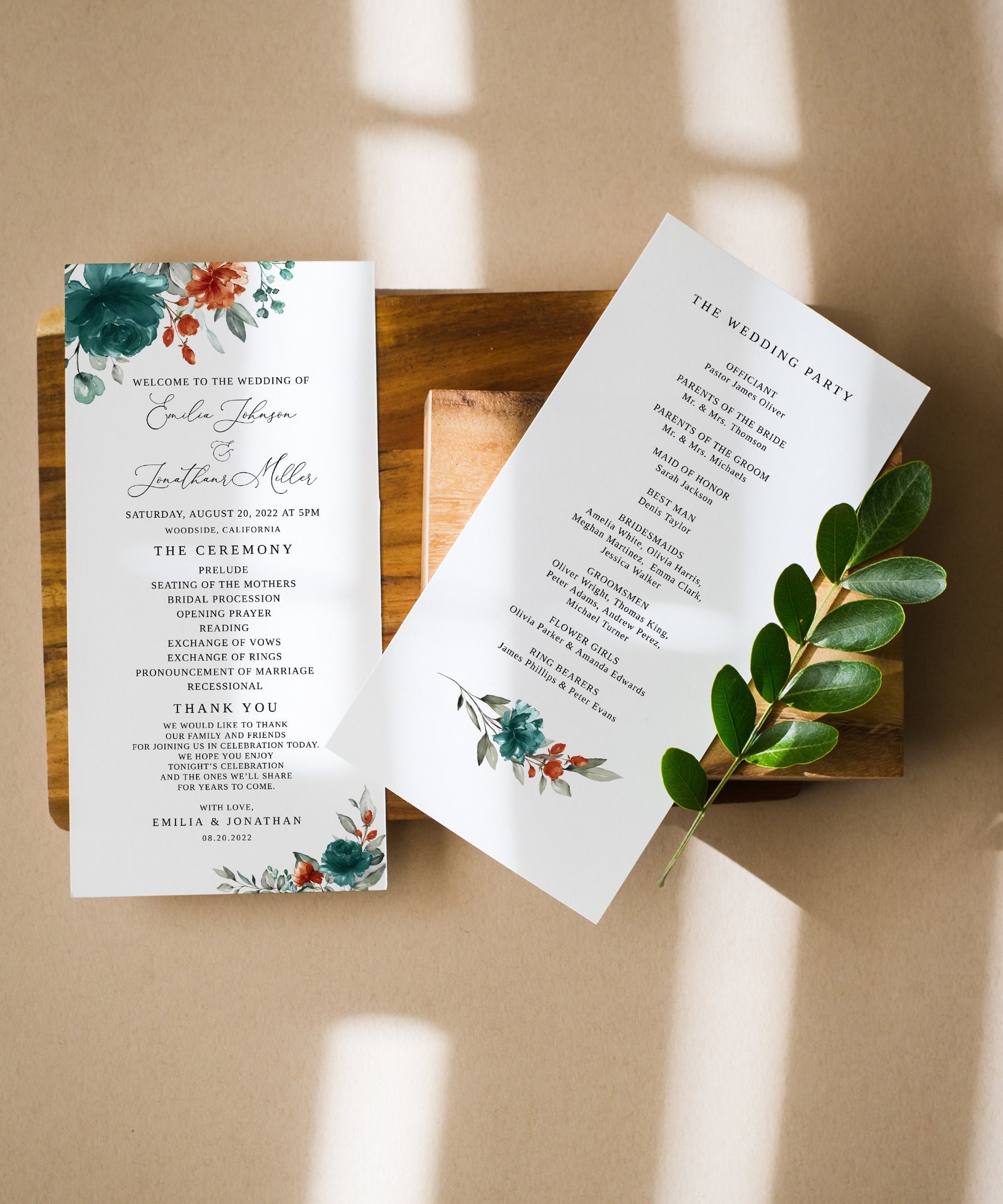 Teal and Orange Wedding Program Template, Teal Orange Program ...