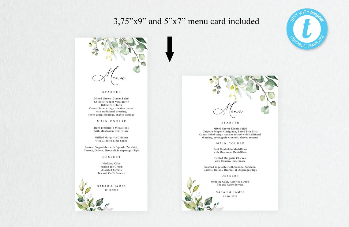 Greenery Wedding Menu Template Garden Wedding Menu Printable | Etsy