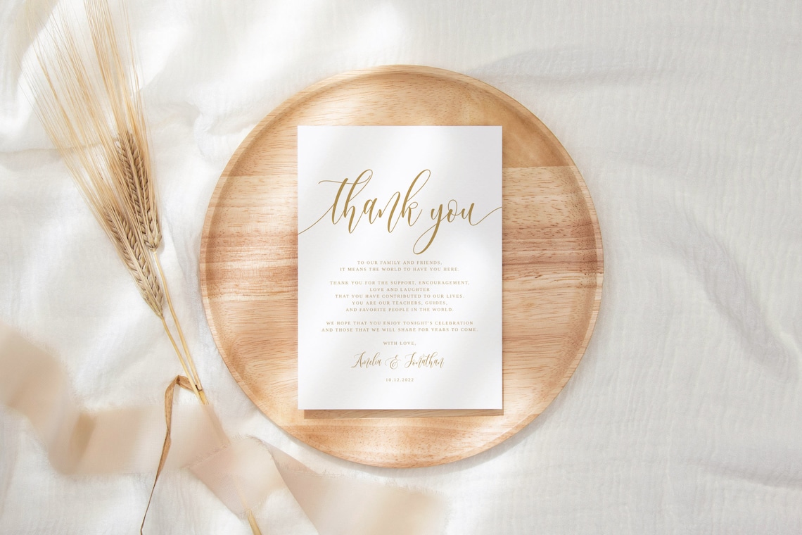 Gold Thank You Card Gold Wedding Thank You Card Template - Etsy
