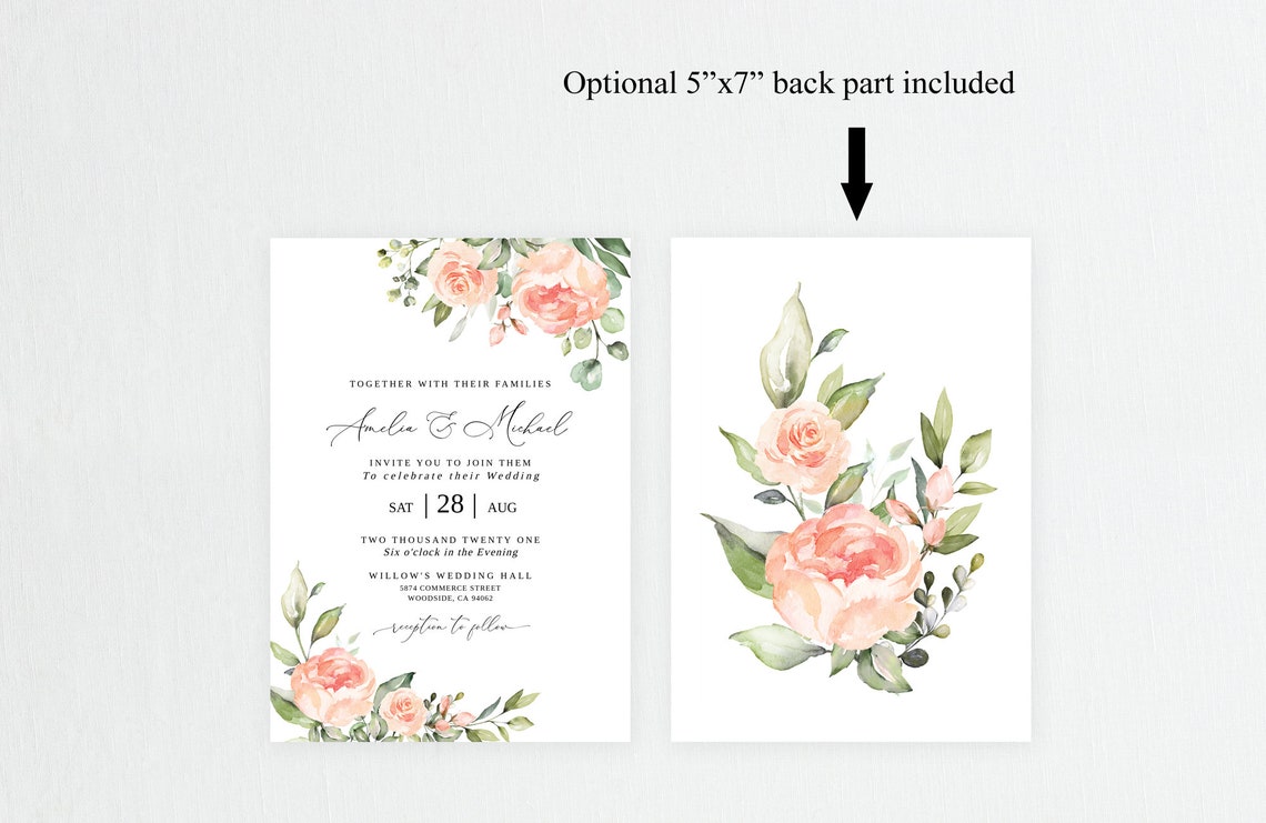 Peach Wedding Invitation, Floral Wedding Invitation Template, Coral ...