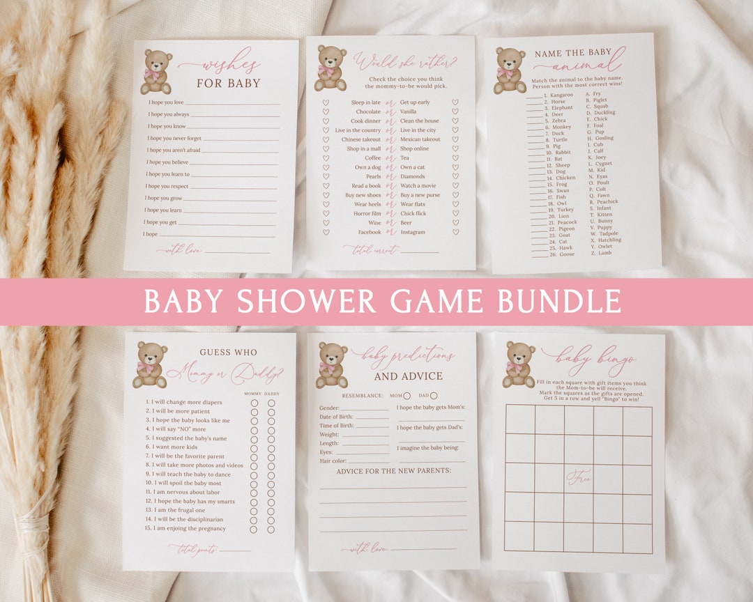 Teddy Bear Baby Shower Game Bundle, 16 Baby Shower Games and Cards, Baby Girl Shower Games ...