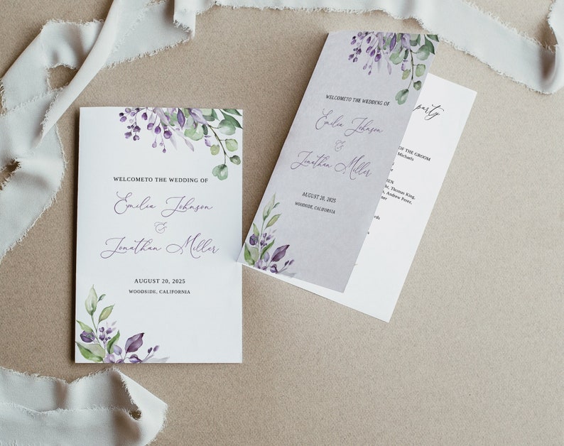 Purple Green Wedding Program Template, Lavender Wedding Program Folded ...