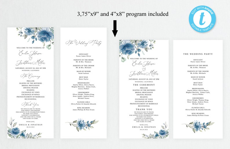Dusty Blue Wedding Program Template, Dusty Blue Program, Floral Wedding ...