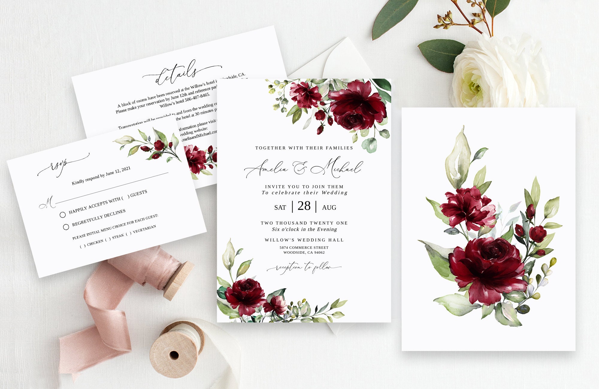 Burgundy Wedding Invitation Template Marsala Wedding | Etsy