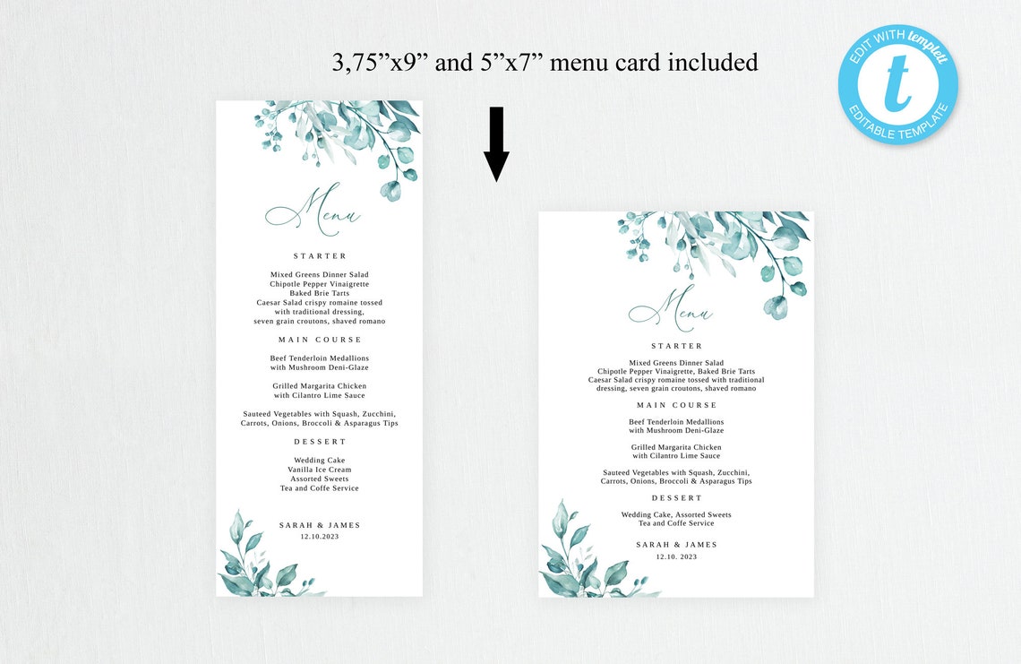 Turquoise Wedding Menu Template Teal Wedding Menu Floral - Etsy