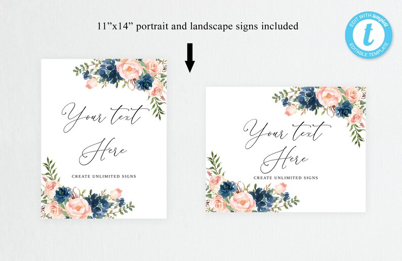 Navy and Blush Wedding Editable Sign, Custom Sign Template, Edit ...