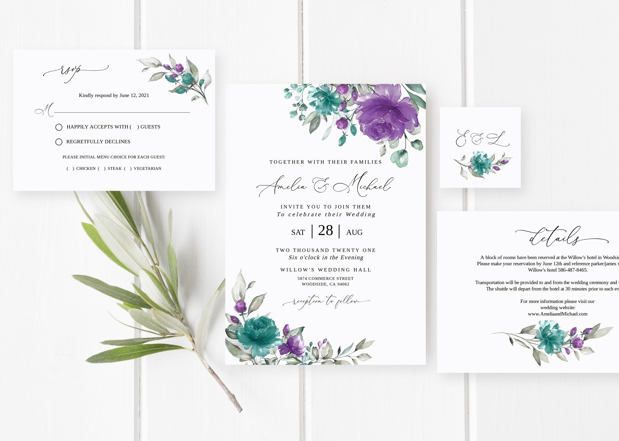 Purple and Teal Wedding Invitation Template Teal and Lavender | Etsy