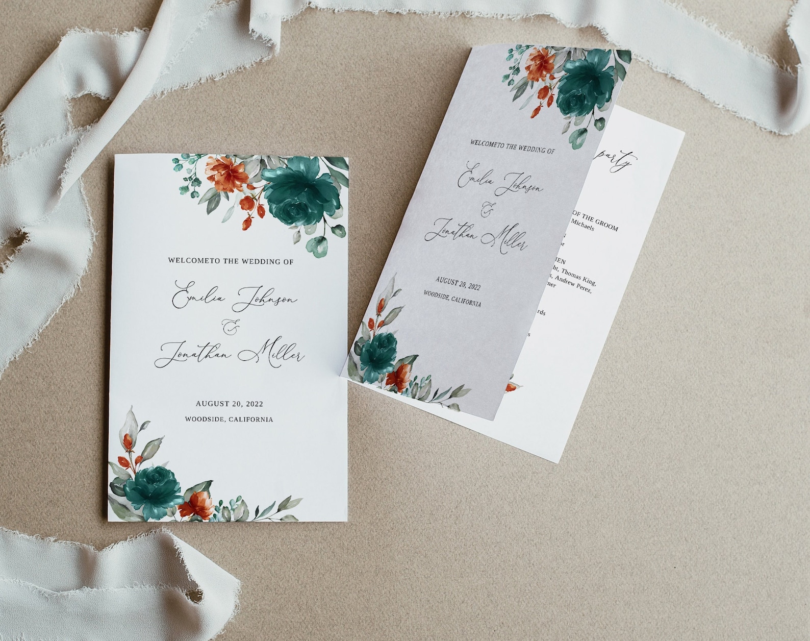 Teal and Orange Wedding Program Template, Turquoise Wedding Program ...