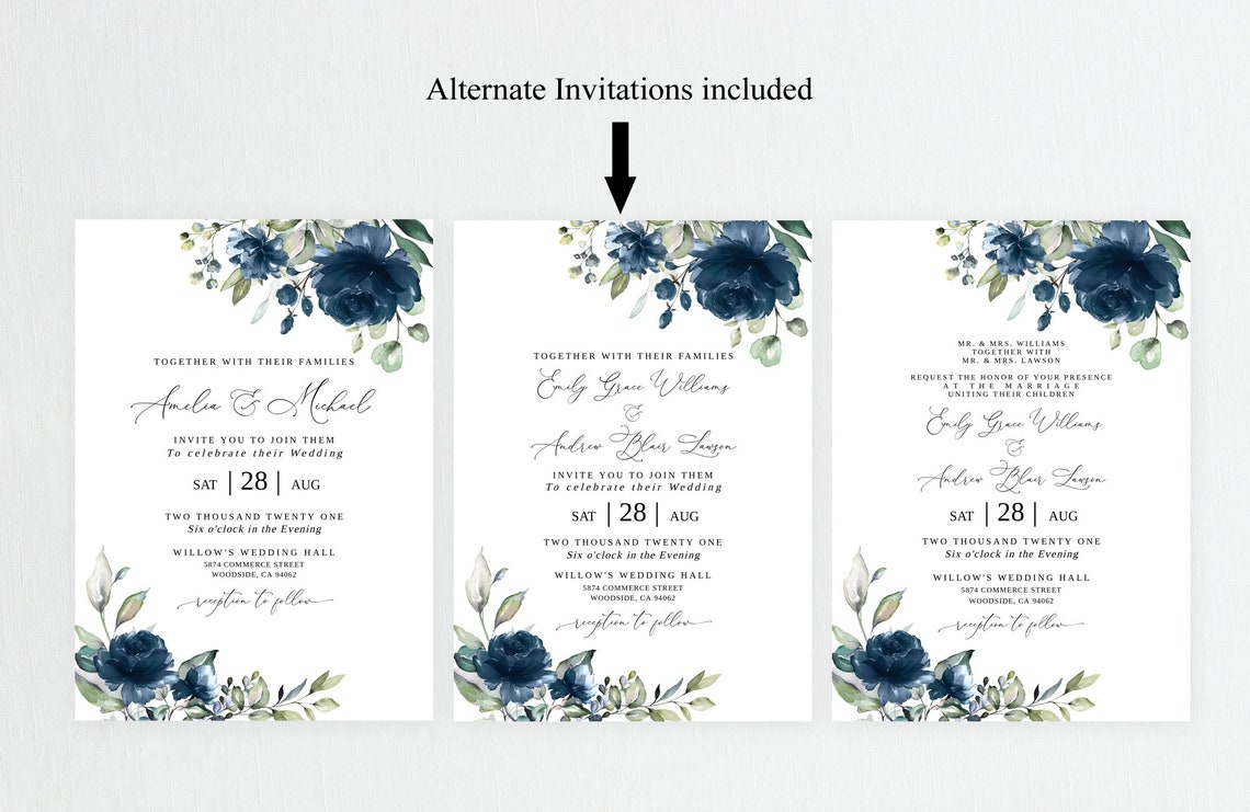 Navy Floral Wedding Invitation, Blue Wedding Invitation Template ...