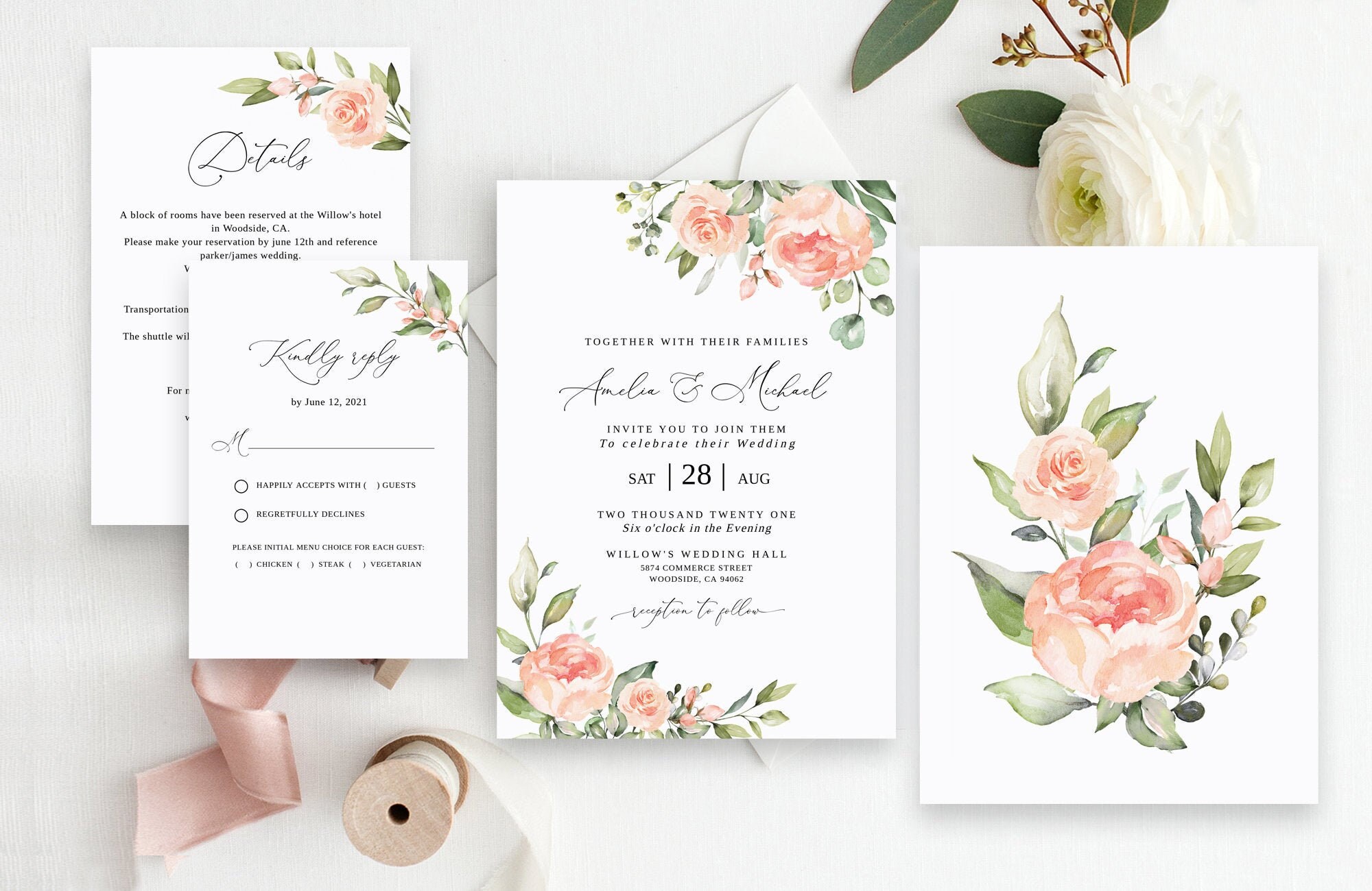 Peach Wedding Invitation Suite Bohemian Wedding Invitation | Etsy