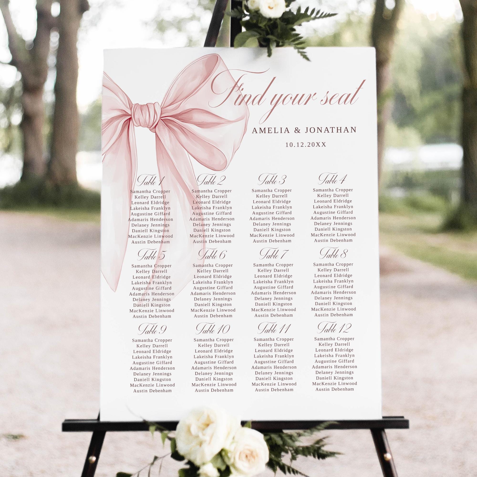 Pink Coquette Bow Seating Chart Template, Wedding Guest Plan, Templett ...
