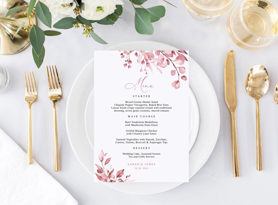 Dusty Pink Wedding Menu Template, Floral Wedding Menu, Floral Wedding ...