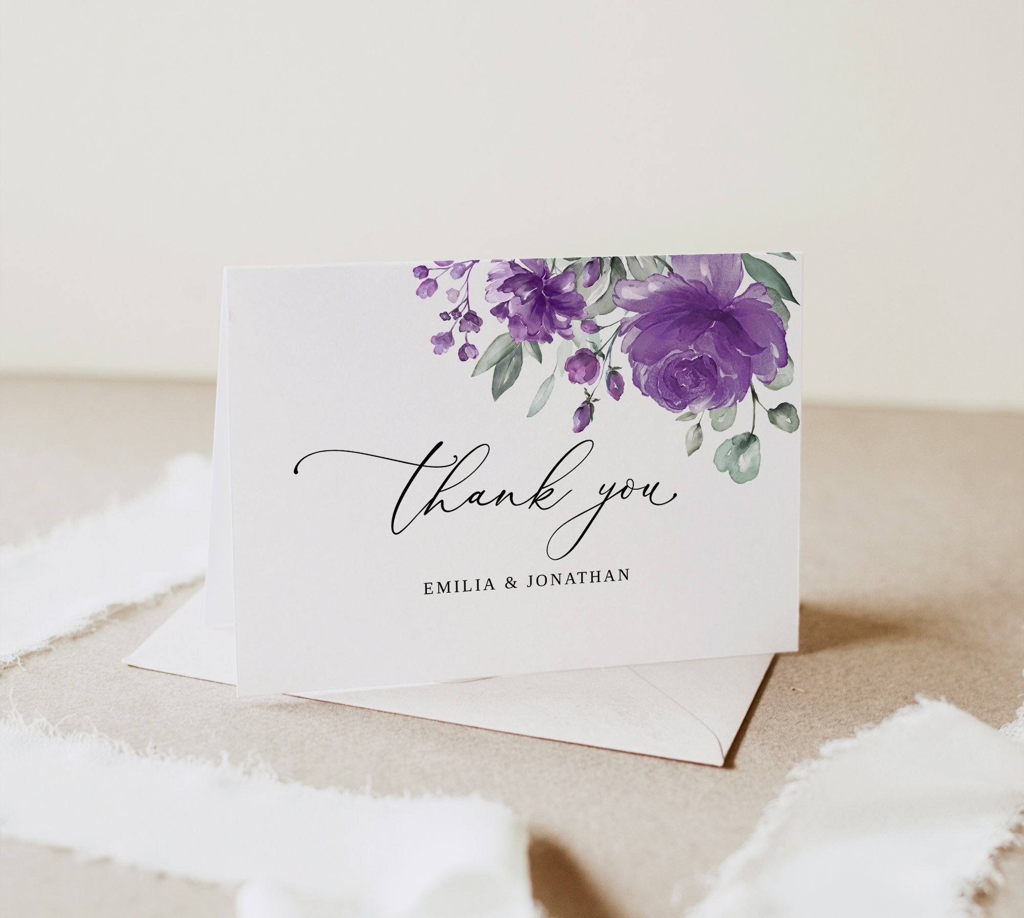 Purple Wedding Thank You Card Template Floral Wedding Thank - Etsy