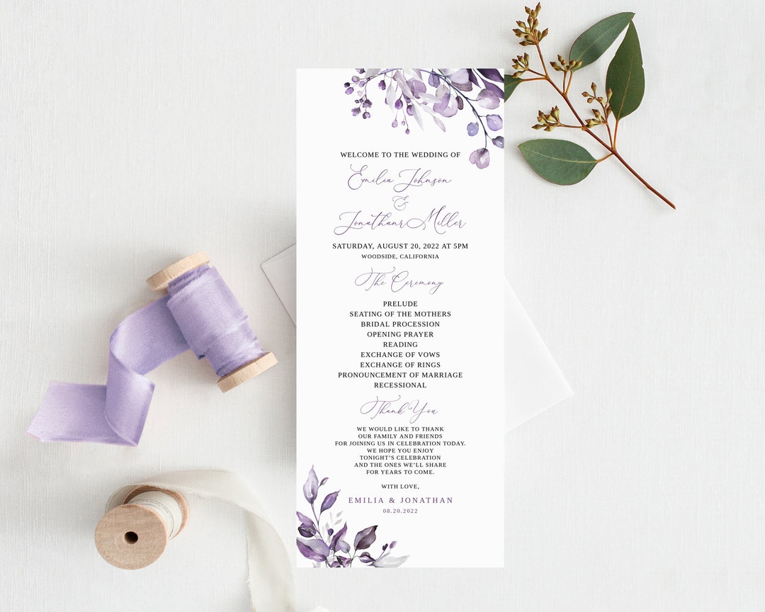 Dusty Purple Wedding Program Template, Lavender Wedding Program, Floral ...