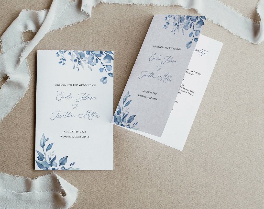 Dusty Blue Wedding Program Template, Blue Program Folded, Floral ...