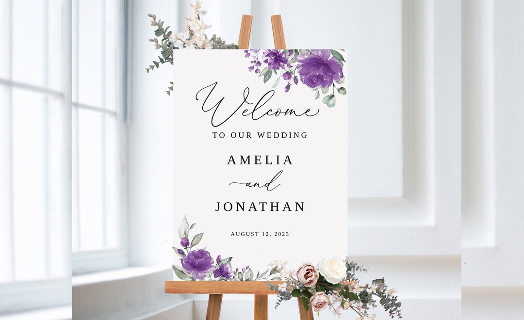 Purple Wedding Welcome Sign Template, Floral Purple Welcome Sign ...